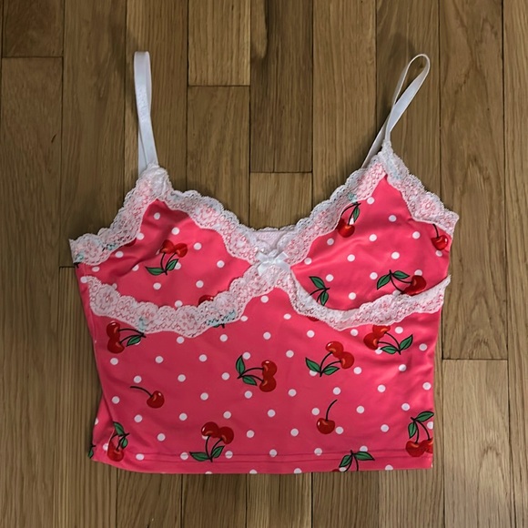 Tops | Cute Pink Tank Top With White Lace And Cherries | Poshmark